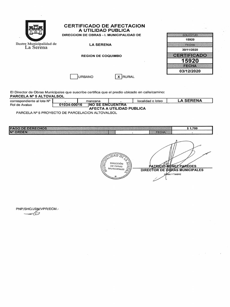Certificado Declaración Utilidad Pública Parcela #5 | PDF