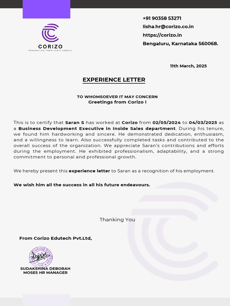 Saran - Experience Letter | PDF