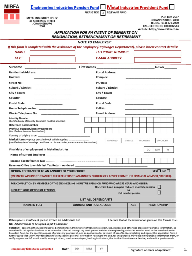 MIBFA Benefits Application Form | PDF | Employment | Pension