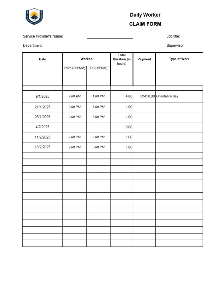 Daily Working Hours Claim Form | PDF