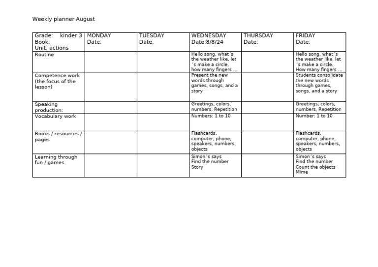 Weekly Kinder Planner for August | PDF