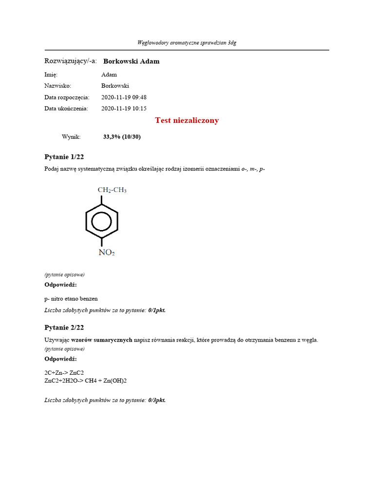 Węglowodory Aromatyczne Sprawdzian 3dg - Borkowski Adam - Udzielone Odpowiedzi | PDF
