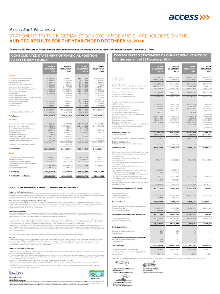 Access Bank 2014 Audited Results | PDF | Audit | Equity (Finance)