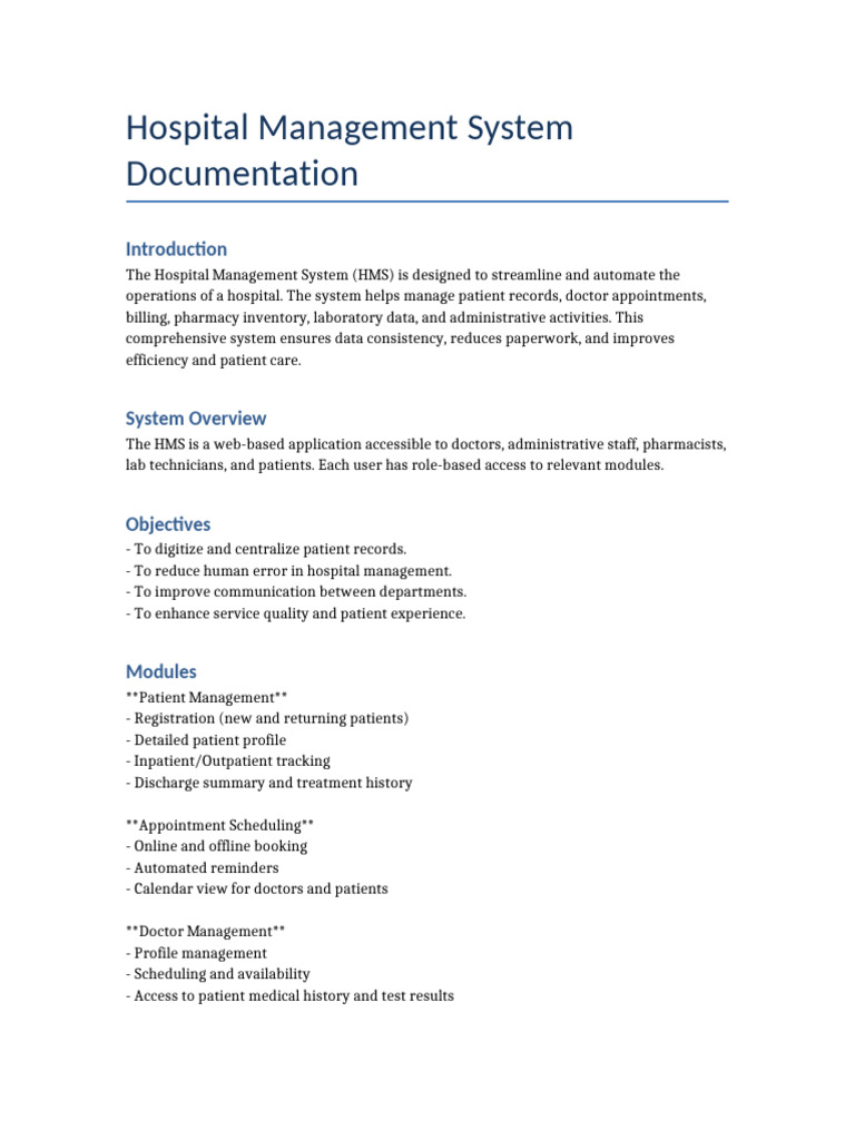 Hospital Management System Documentation | PDF | Patient | Pharmacy