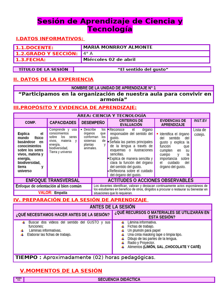 CIENCIA Y TECNOLOGIA - SENTIDO DEL GUSTO | PDF | Aprendizaje