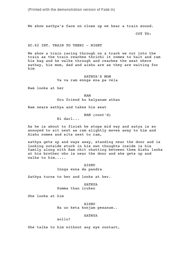 SC.62 INT. TRAIN To THENI - NIGHT (Aishu Say Her Love Towars Ram To Sathya) | PDF