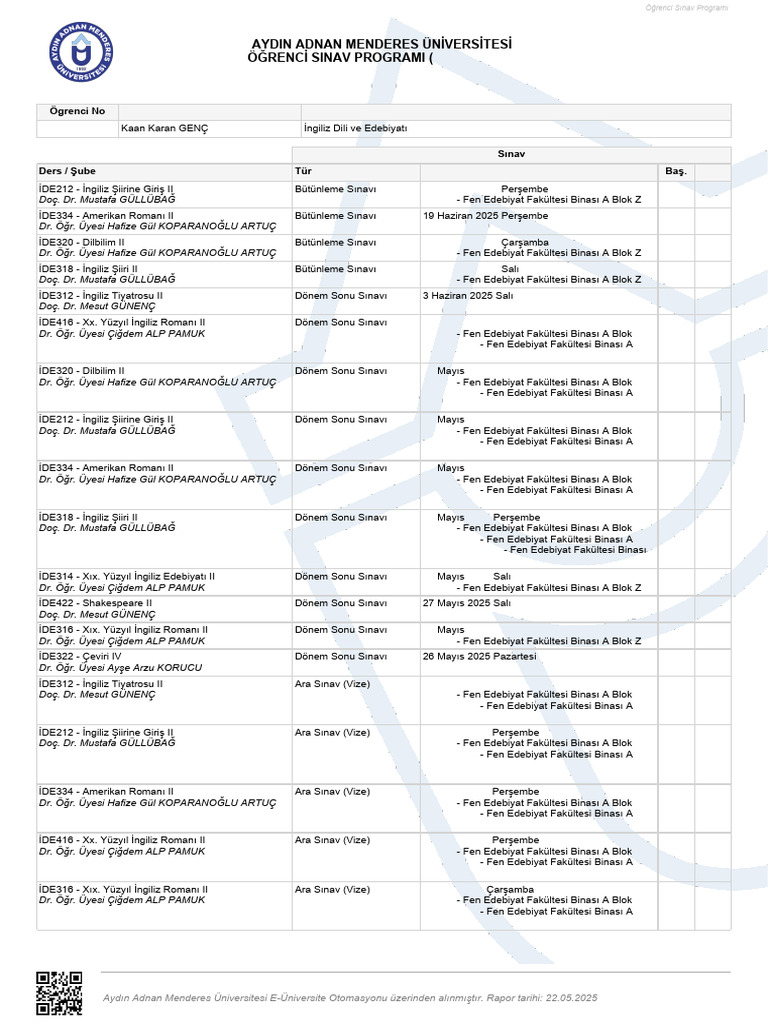 Ders Sinav Programi Ogrenci | PDF