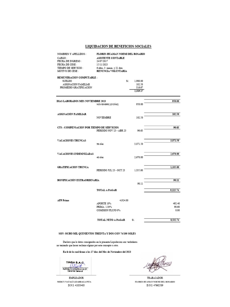 Liquidación FLORES HUAMAN NOEMI DEL ROSARIO | PDF