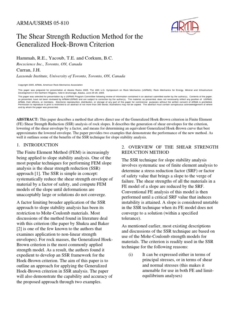 The Shear Strength Reduction Method For The Generalized Hoek-Brown ...