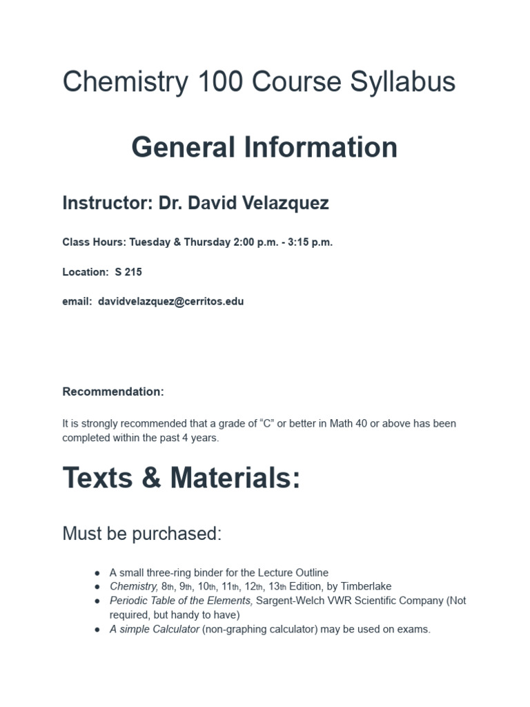 Chemistry 100 Syllabus Overview | PDF | Chemical Substances | Inorganic ...
