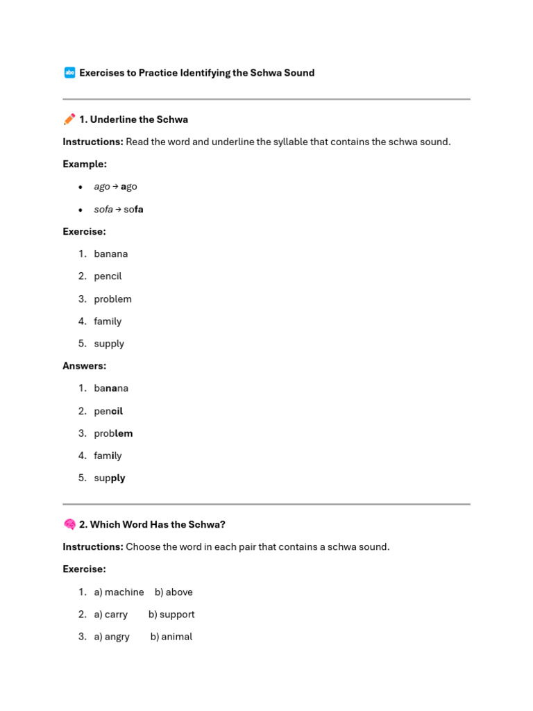 Schwa Sound Identification Exercises | PDF