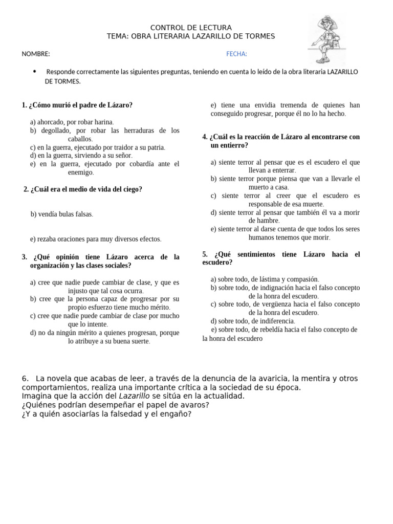 Examen de Lazarillo de Tormes | PDF