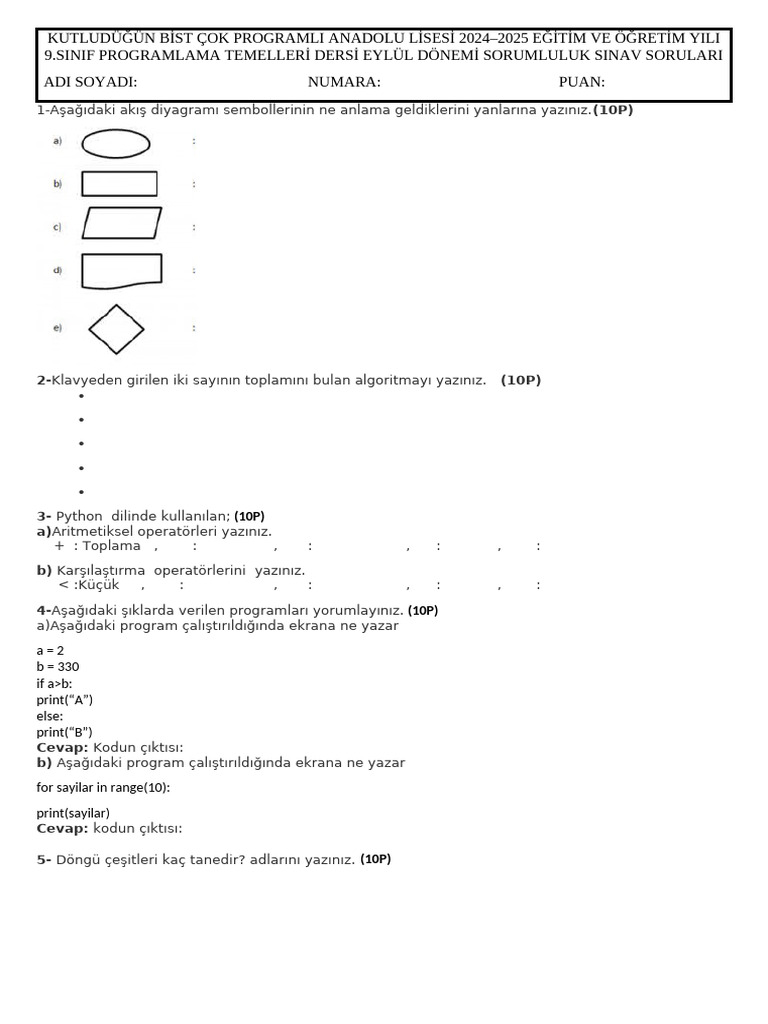 9.sınıf PROGRAMLAMA TEMELLERİ SORUMLULUK SINAVI Soruları | PDF
