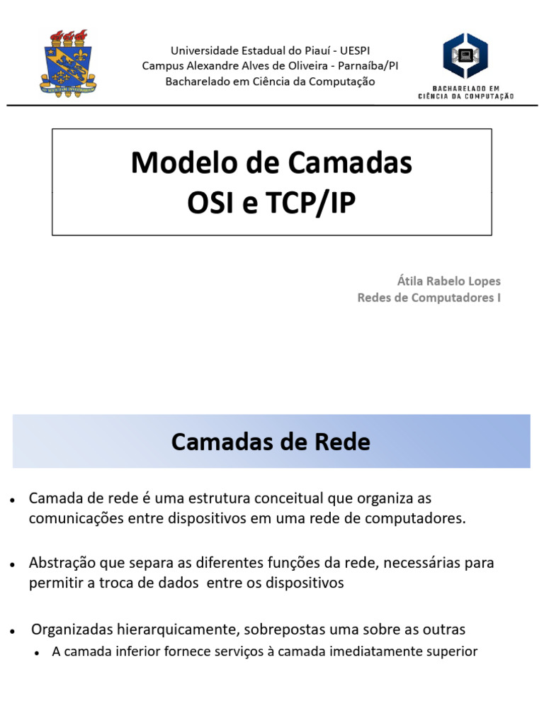 Aula 3 - Modelos e Camadas OSI TCP IP | PDF | Modelo OSI | Suíte de ...