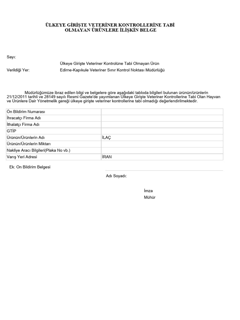 Veteriner Kontrolüne Tabi Olmayan Ürün - Ürünler Belgesi | PDF