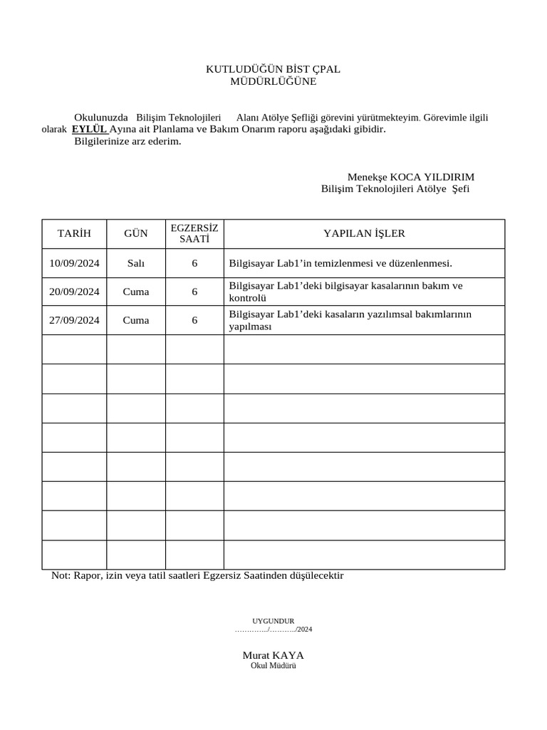 Sef-Egzersiz-Raporu EYLÜL | PDF