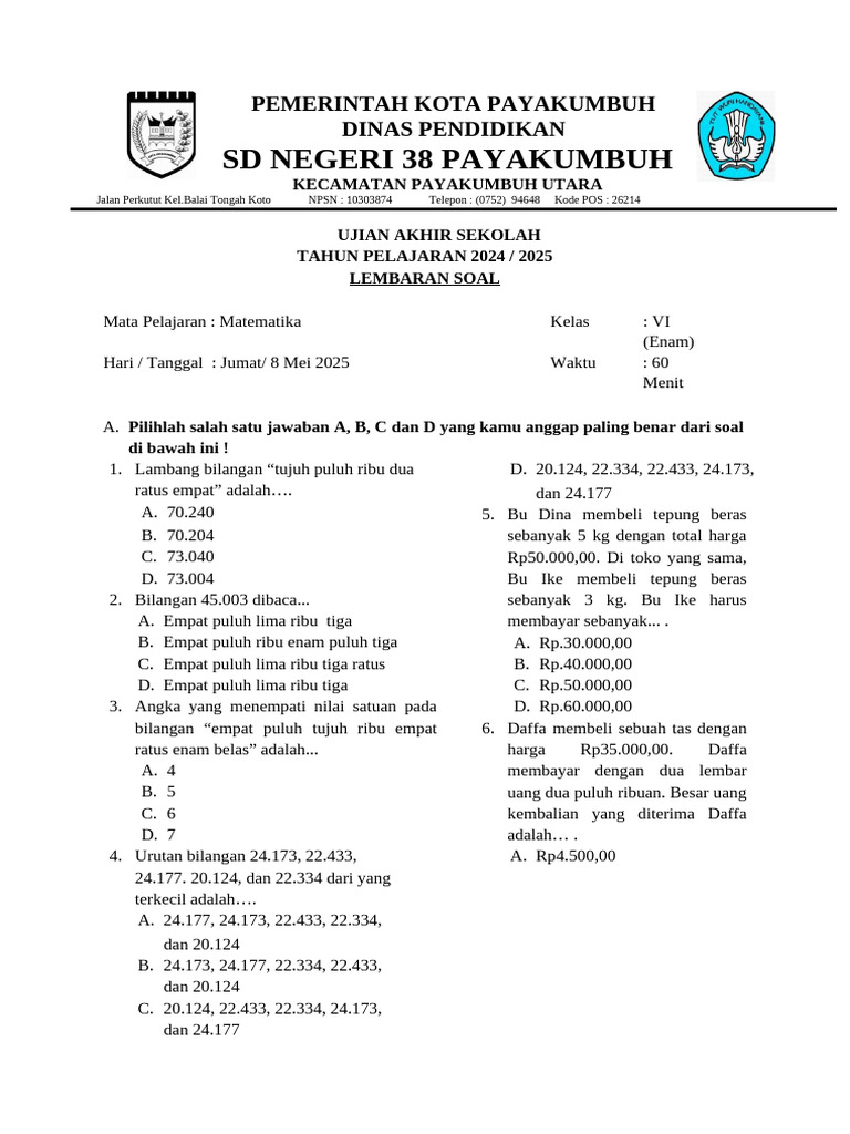SOAL TO MTK 24 25 SD 38 (1) | PDF