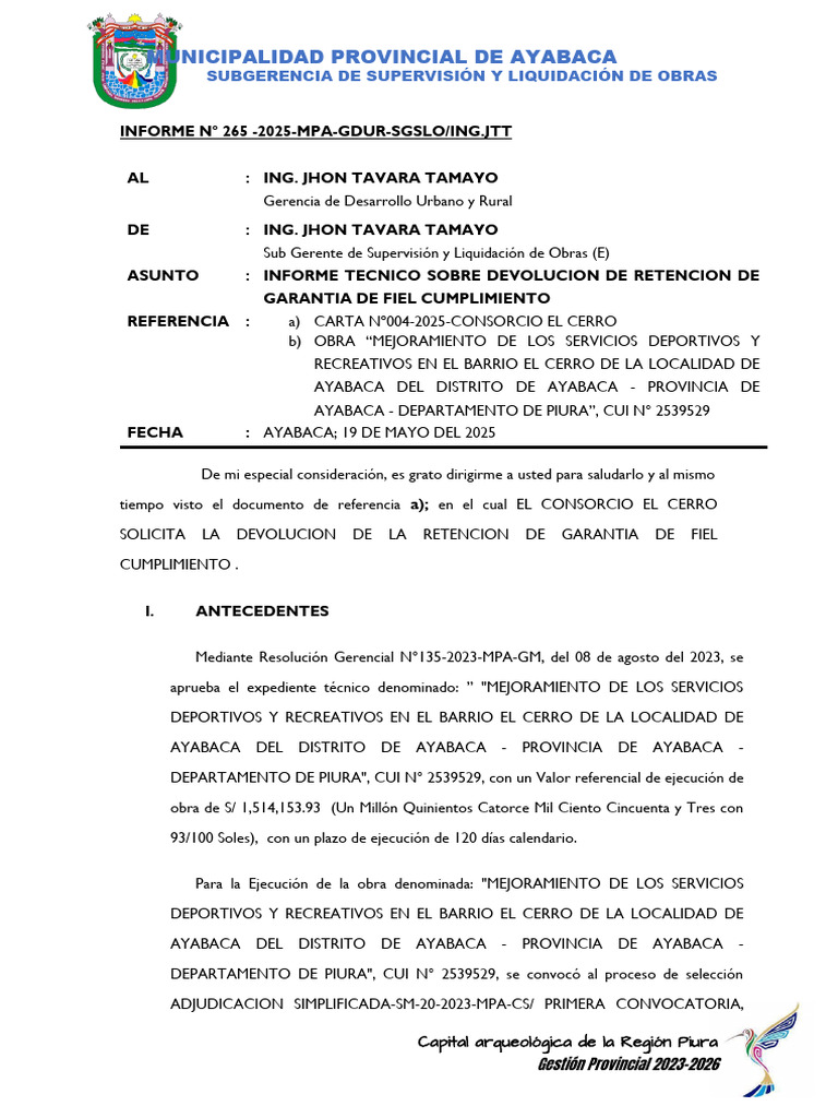Informe N°265-2025 Devolucion de Retencion de Garantia de Fiel Cumplimiento | PDF | Derecho ...