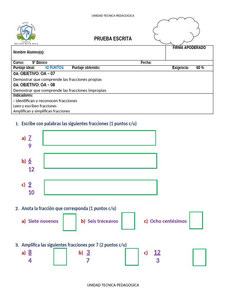Prueba Fracciones 5° | PDF