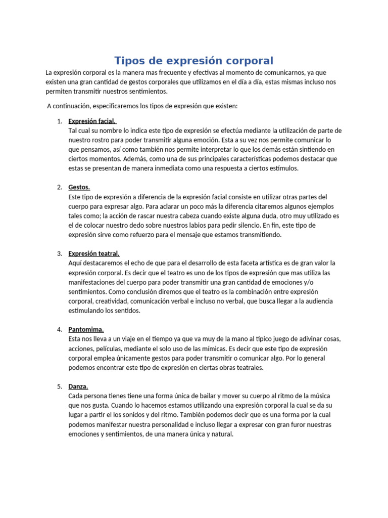 Tipos de expresión corporal explicados | PDF | Bailes | Expresión facial