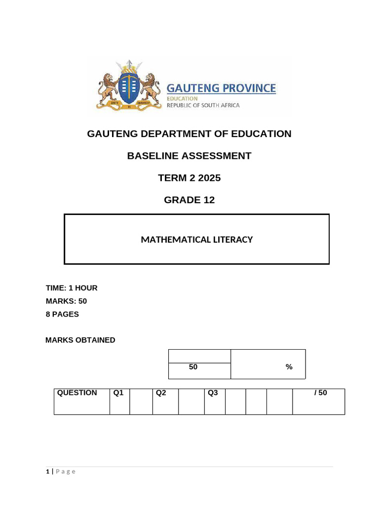 Grade 12 Mathematical Literacy Assessment | PDF | Area | Length