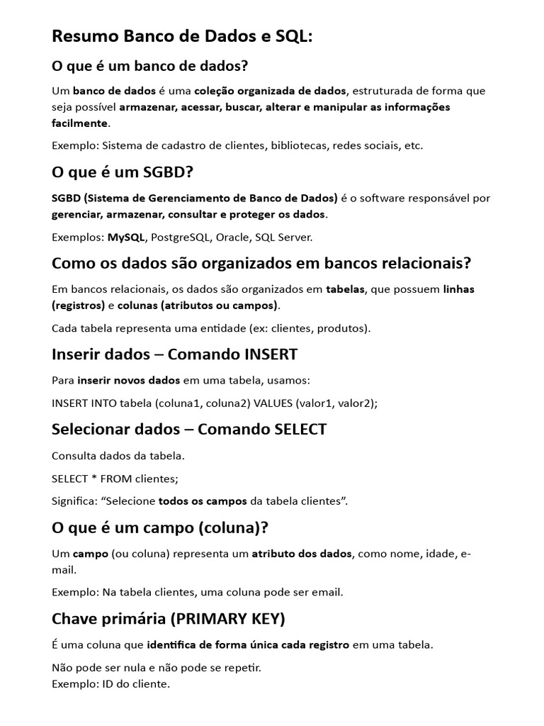 Resumo Banco de Dados e SQL | PDF | SQL | Bancos de dados
