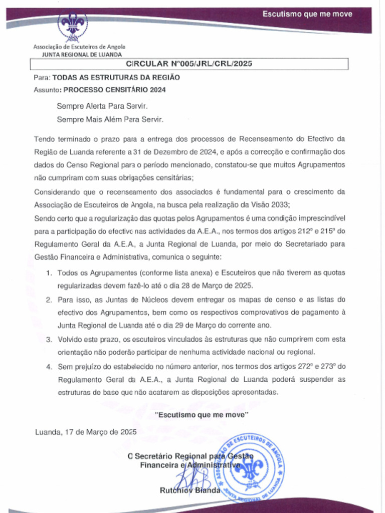 Circular 005-2025 - Processo Censitário 2024 | PDF