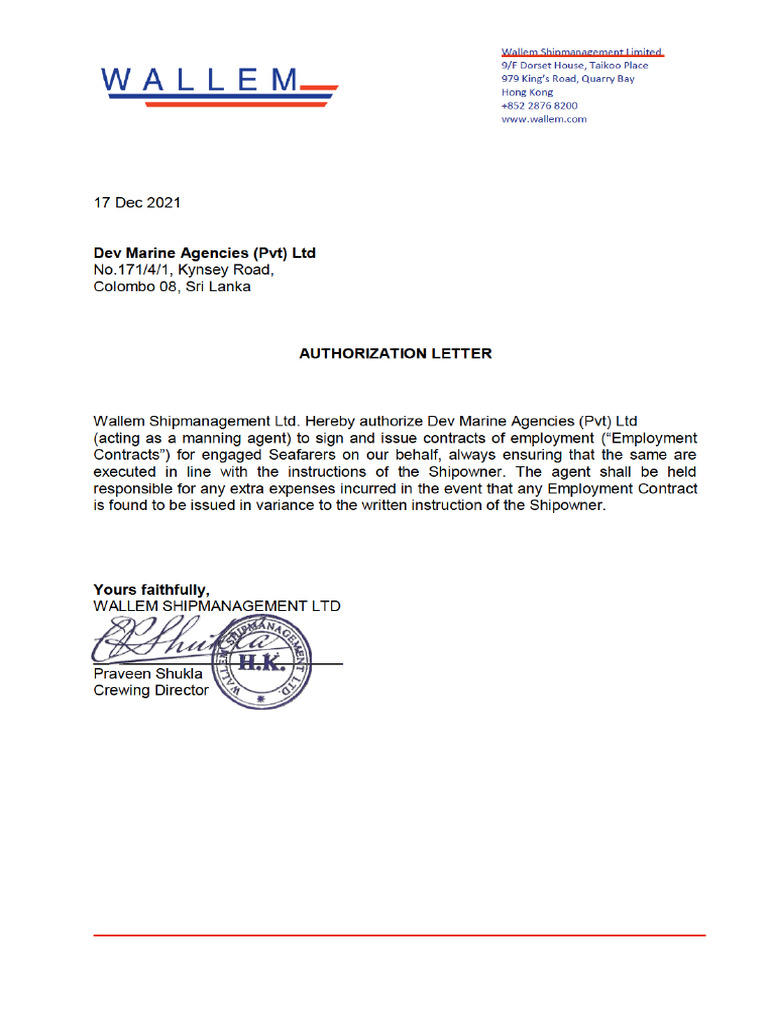 Dev Marine Agencies - Authorization Letter | PDF