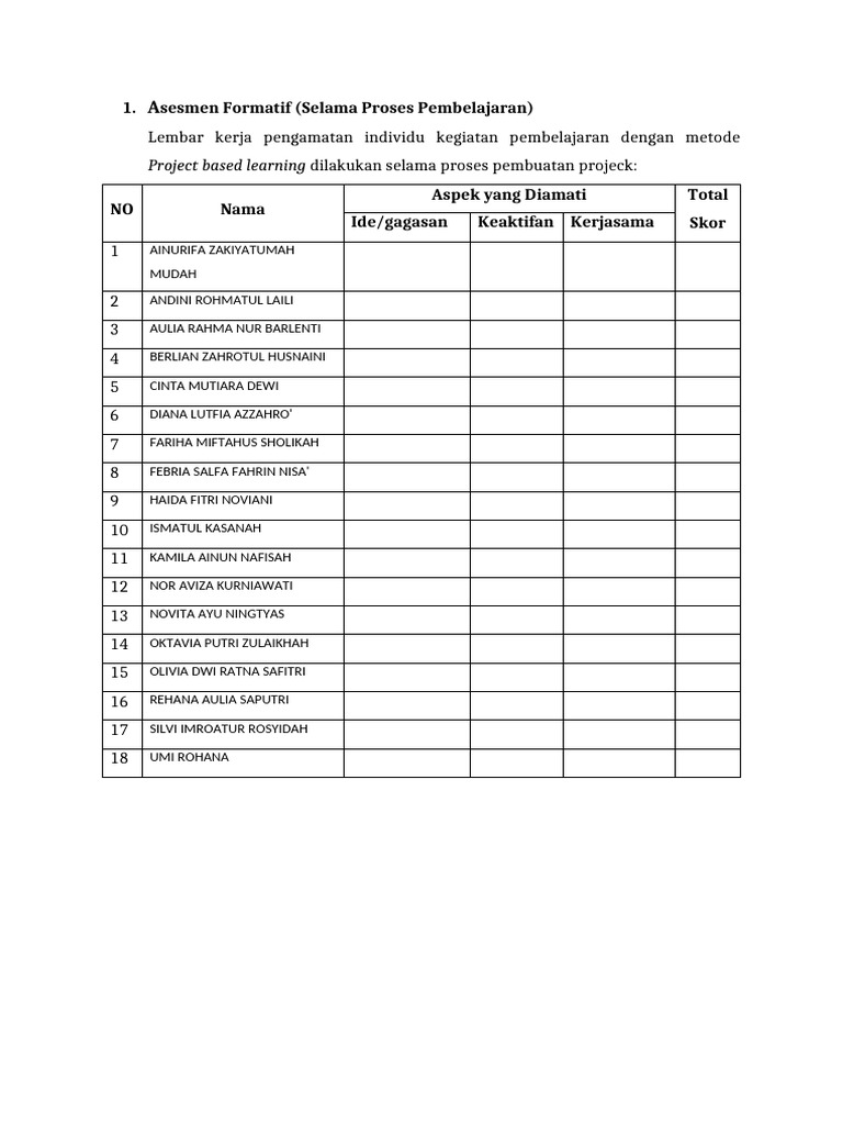 Form Asesmen Formatif | PDF