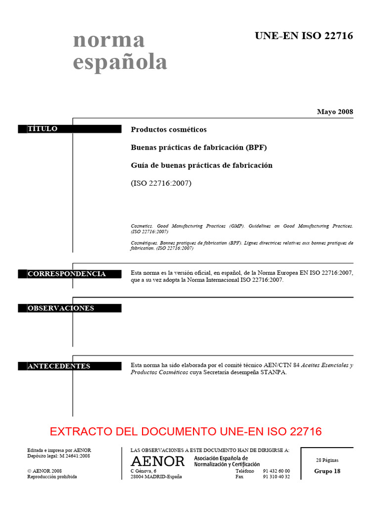 (EX)UNE-EN_ISO_22716=2008 | PDF | Organización internacional para la estandarización