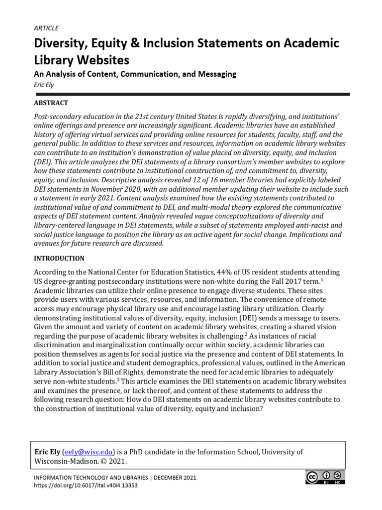 Ely (2021) Diversity, Equity and Inclusion Statements On Academic ...