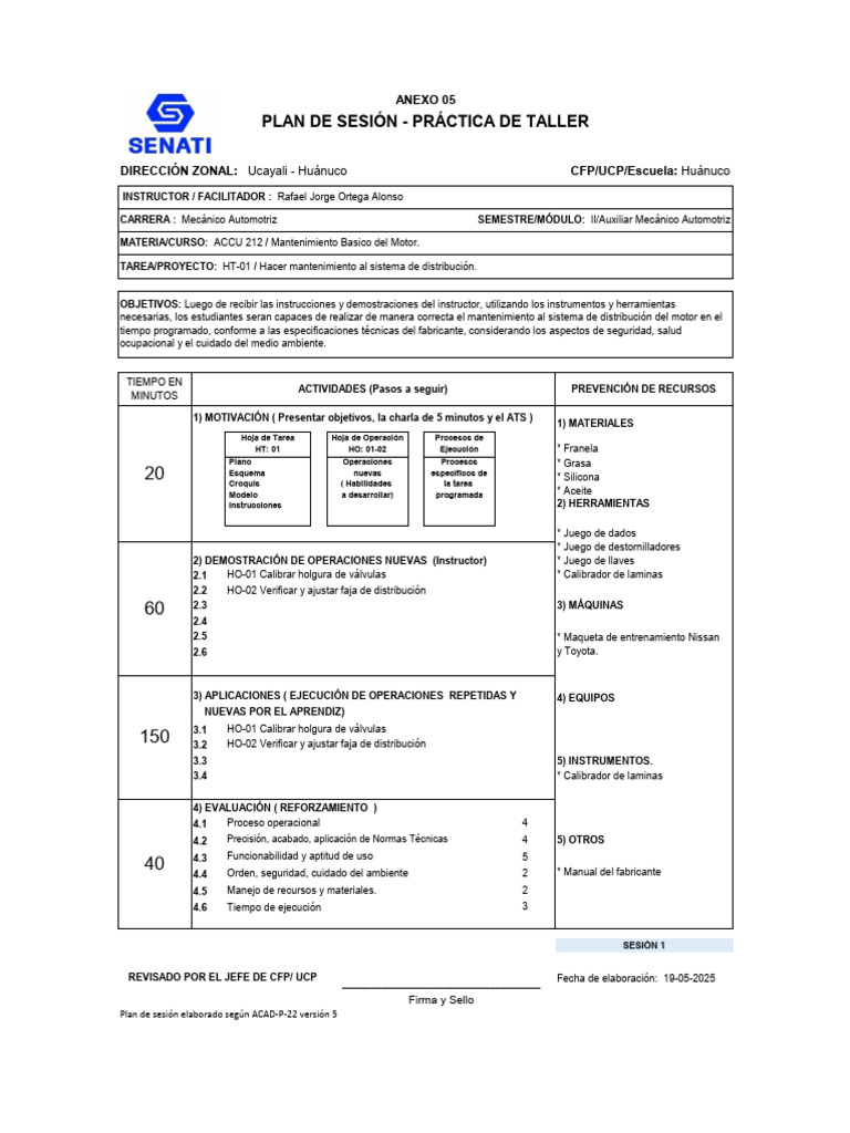 Plan de Sesión Mant Basico Del Motor | PDF | Inyección de combustible | Motor diesel