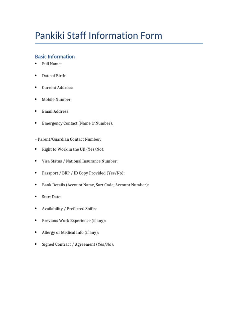 Pankiki Staff Information Form Bullet | PDF