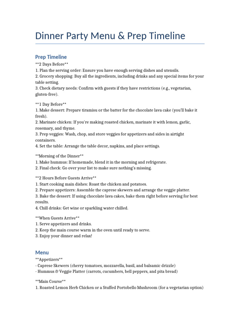 Dinner Party Menu and Prep Timeline | PDF | Hors D'oeuvre | Drink
