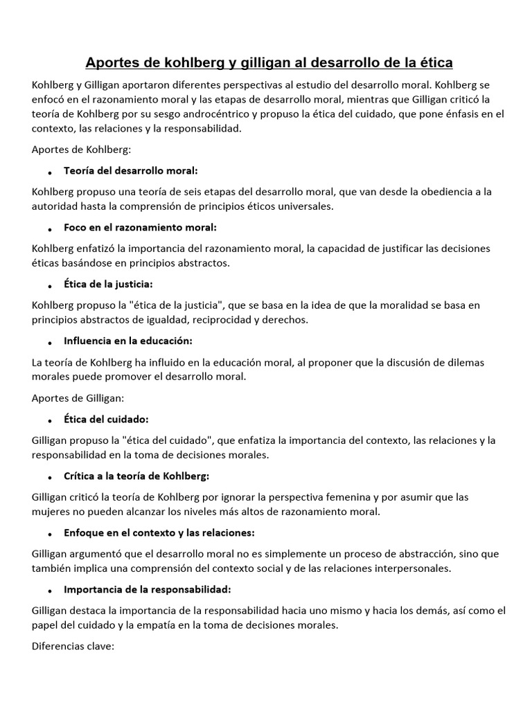 Aportes de Kohlberg y Gilligan en Ética | PDF | Moralidad | Educación ...