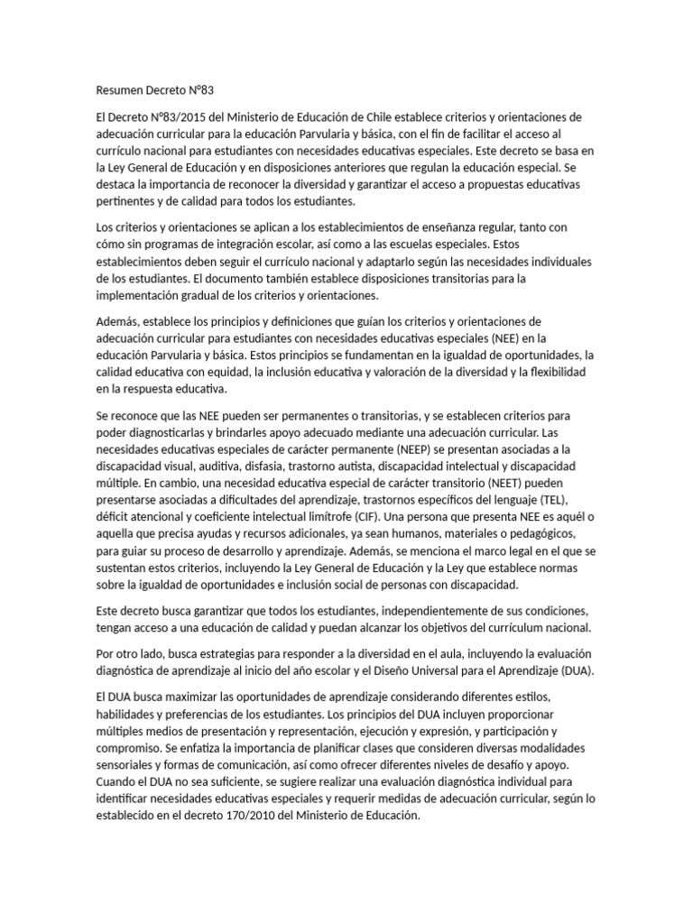 Resumen Decreto 83 | PDF | Evaluación | Plan de estudios
