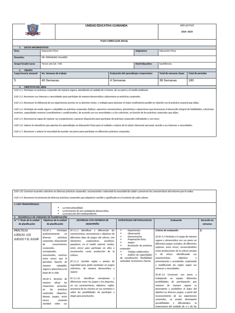 Pca Eeff 2024 - 2025 | PDF | Aprendizaje | Bailes