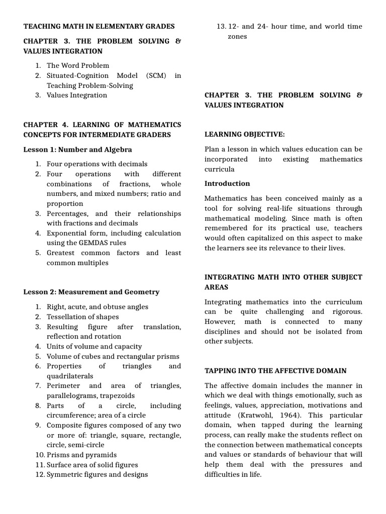 Integrating Values in Elementary Math | PDF | Area | Mathematics