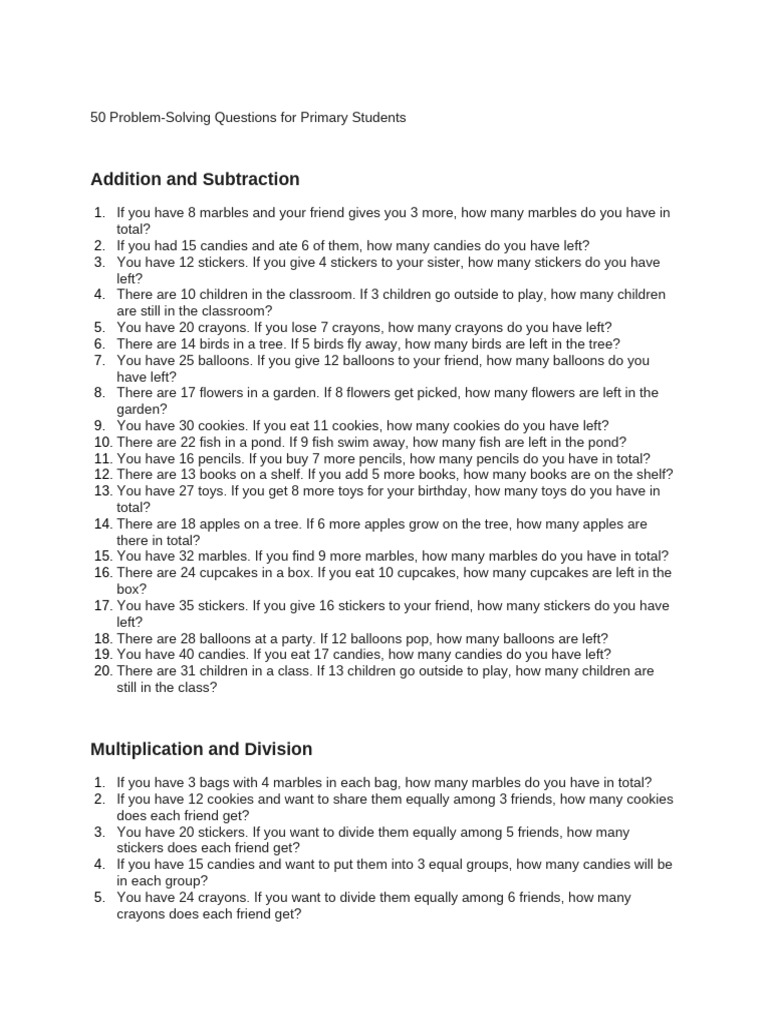 Primary Math Problem-Solving Questions | PDF