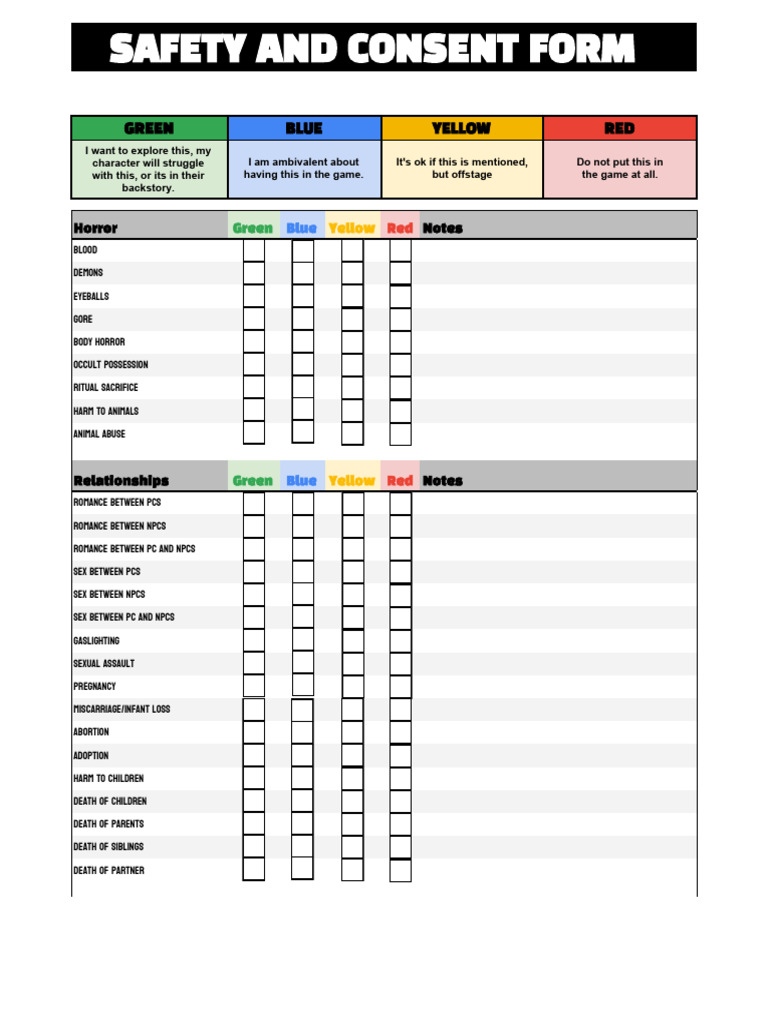 TTRPG Safety Form - Fillable | PDF