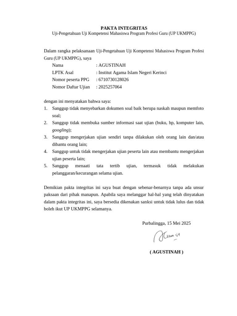 PAKTA INTEGRITAS UJI PENGETAHUAN AGUSTINAH | PDF