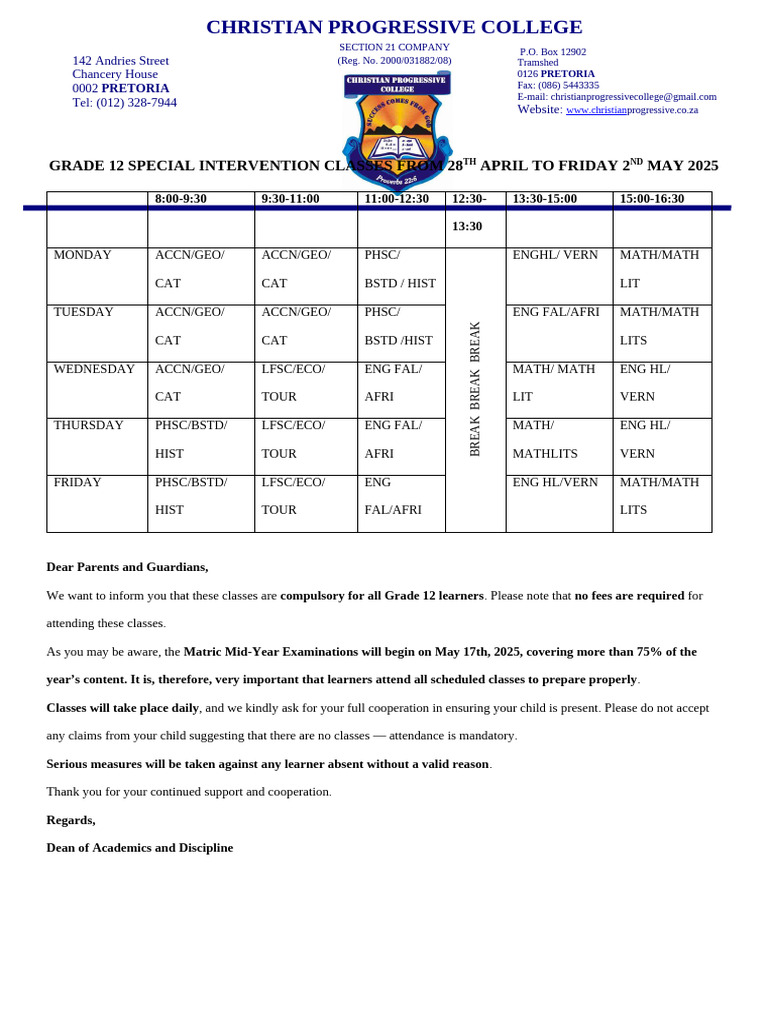 Grade 12 Special Intervention Schedule | PDF