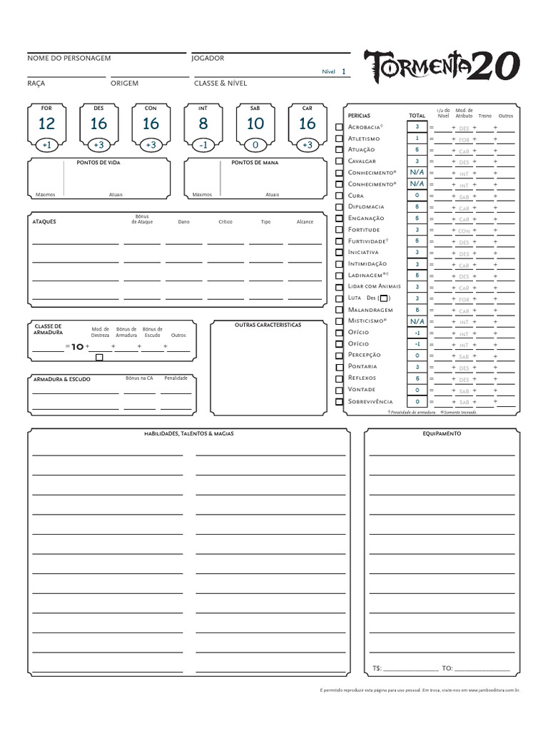 Tormenta 20 Ficha Editavel PDF Free | PDF | Jogos de RPG | Videogames