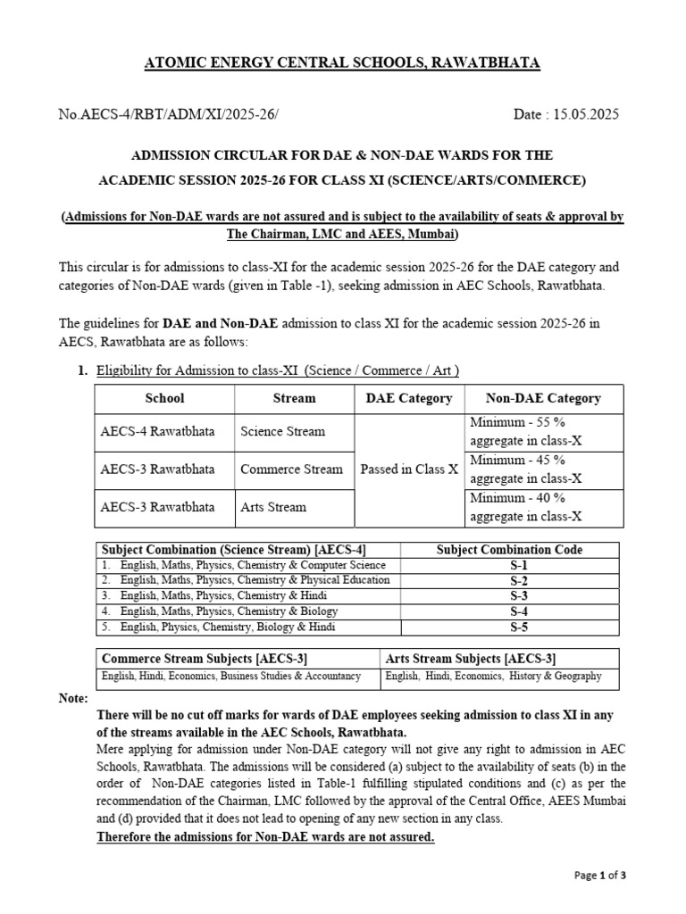 Class XI Admission Circular DAE and Non-DAE 2025-26 | PDF