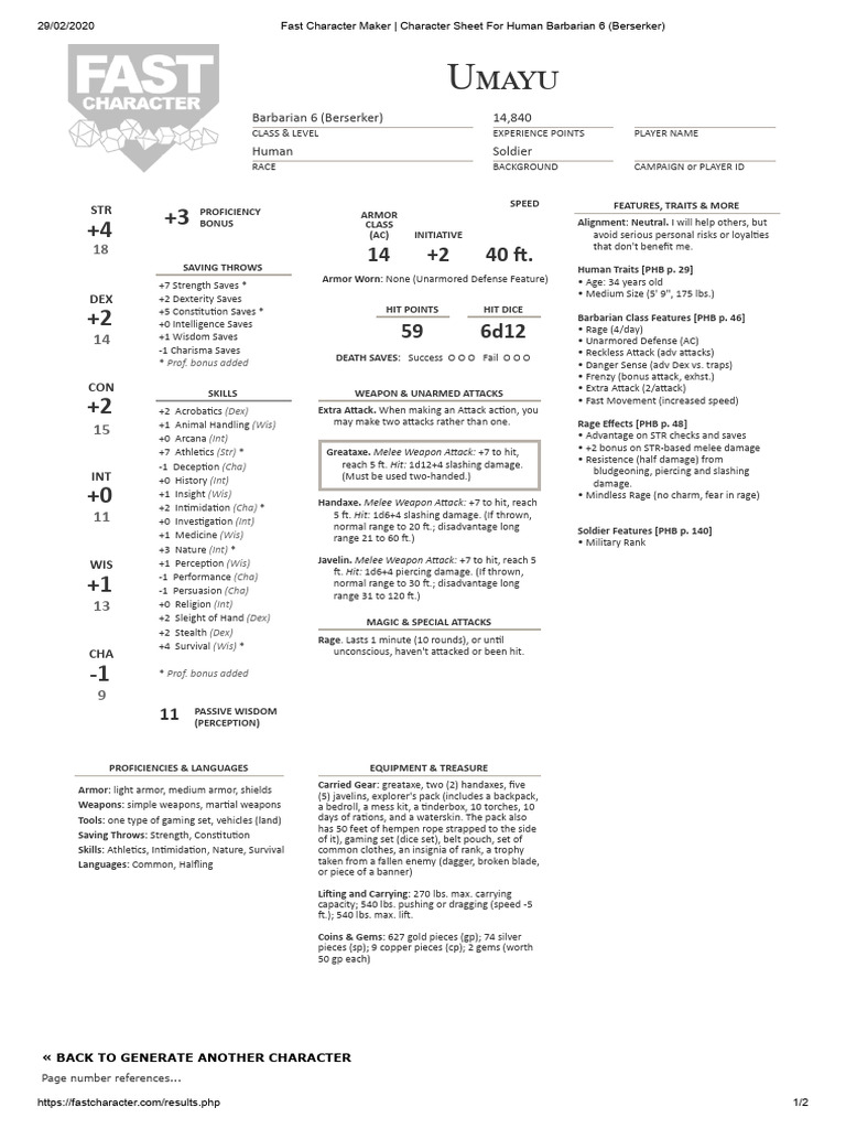 Fast Character Maker - Character Sheet For Human Barbarian 6 (Berserker ...