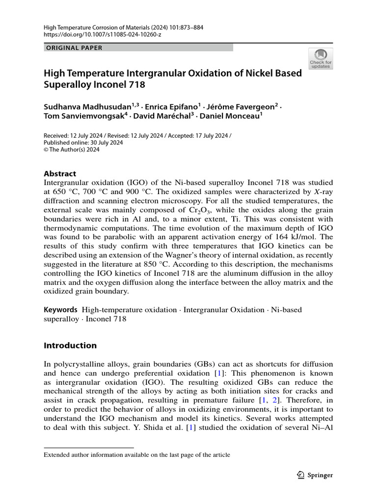 High Temperature Intergranular Oxidation of Nickel Based Superalloy ...