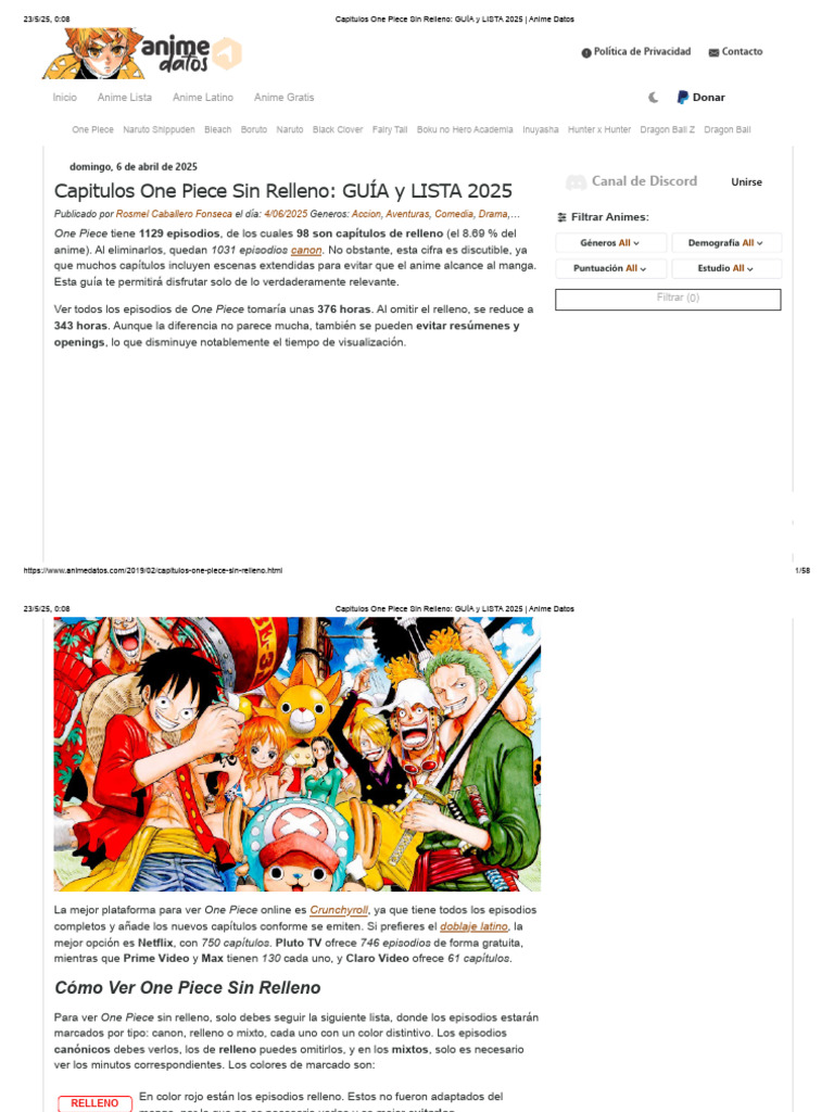 Capitulos One Piece Sin Relleno - GUÍA y LISTA 2025 - Anime Datos | PDF