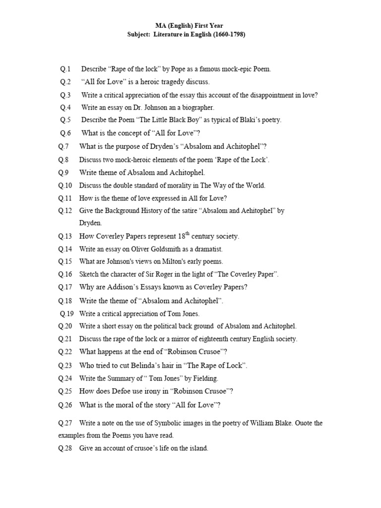 Literature in English - (1660-1798) | PDF