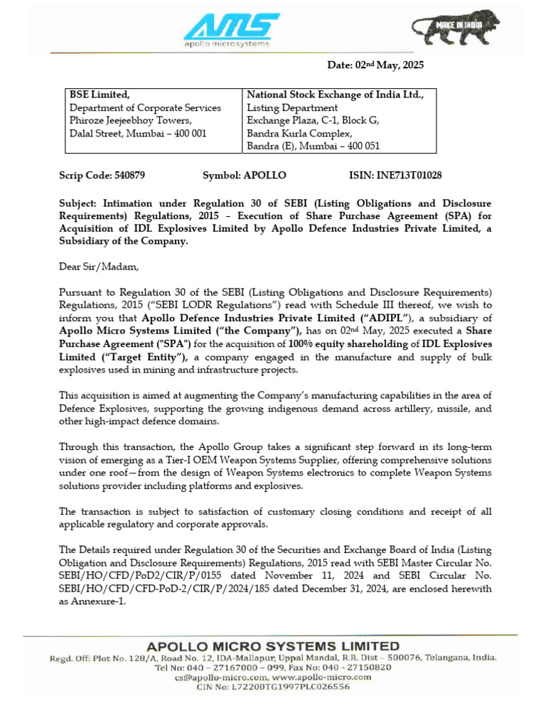 SE Intimation Acquisition | PDF | Mergers And Acquisitions | Financial ...