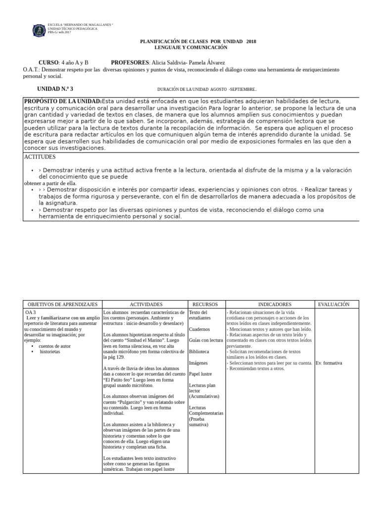 Planif 3 Unidad LENGUAJE Cuarto | PDF | Comprensión lectora | Evaluación